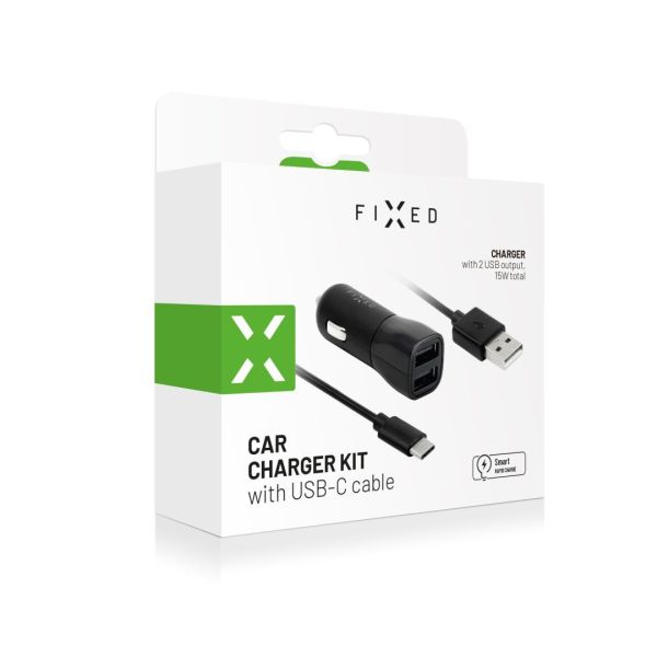 FIXED USB csatlakozós autós töltő 15W+USB/USB-C kábel, fekete